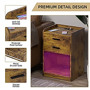 Visionwards Nightstand with Charging Station and LED Lights, End Side Table with 2 Drawers and Cabinet, Rustic Bedside Table for Bedroom, Rustic Brown