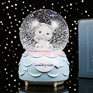 Yuehuam Cute Cartoon Cat Globe Ball Music Box with LED Light Color Changing Snow Globes with Resin Base Novelty Ornament Gift for Christmas Birthday Valentines Day Women Mom Daughter, 1Pc