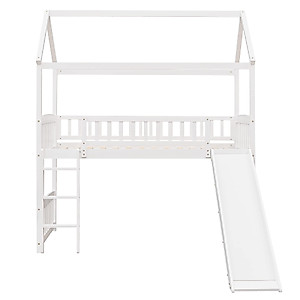 Twin Loft Bed with Slide, Wood House Loft Bed Twin with Slide and Safety Guardrail, Kids Twin Bedframe with Slide, House Loft Bed for Kids Teens Boys Girls, No Box Spring Needed (White, Twin)