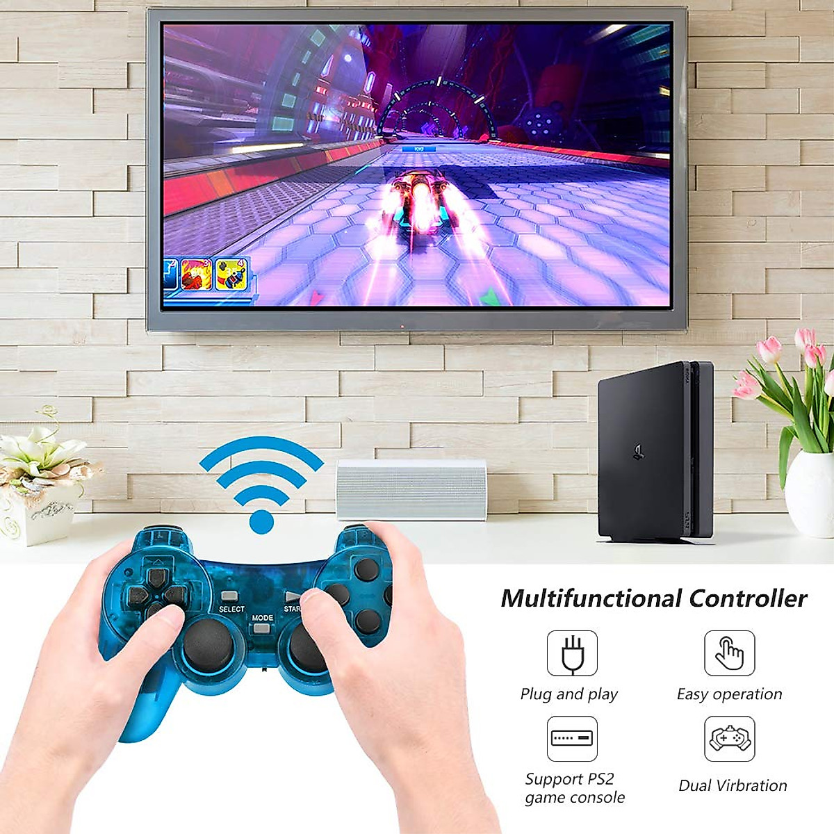 BicycleStore 2 Pack Controller for PS2 Playstation 2.4G Gamepad Joystick Remote with Shock Vibration (ClearBlue and ClearRed)