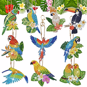 Augisteen 10 PCS Tropical Birds Diamond Painting Keychains Hawaiian Parrots Diamond Art Key Rings Luau Party Hanging Pendants Double Sided 5D Diamond Ornaments for DIY Crafts Summer Party Supplies