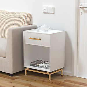 Anmytek White Nightstand, Modern Night Stand with Drawer and Shelf, Wood Bedside Table with Metal Legs, End Side Table for Bedroom, Dorm, Small Spaces, 25" Tall