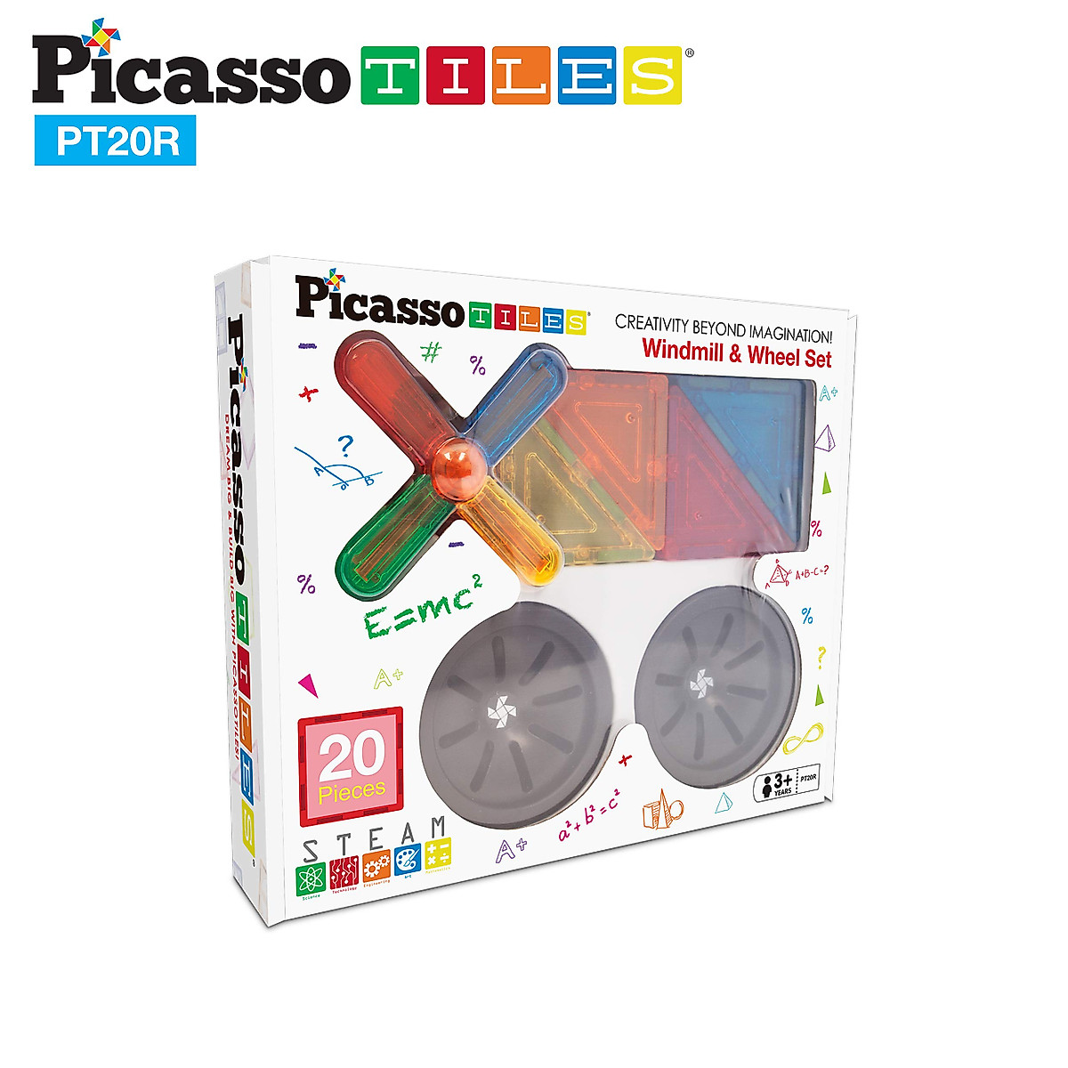 PicassoTiles 20 Piece Magnetic Building Blocks with Detachable Wheels and Windmill Click-in Inserts Magnet Construction Toy Car Set STEM Learning Kit Educational Playset Child Brain Development PT20R