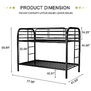 Aobabo Metal Bunk Bed Twin Over Twin, Full-Length Industrial Safety Rail Bunk Bed Frame with Ladder,Space Saving, Noise Free, Black