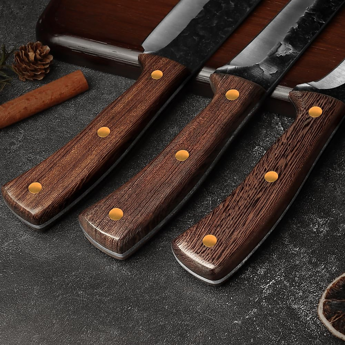 Professional 3 Piece Boning Knife Set, 7" Butcher Knife, 6.5" Meat Cleaver Slicing Knife,5.5" Fillet Knife,High Carbon Steel Hand Forged Chef Knives for Fish, Poultry, Chicken, Kitchen, BBQ Gift