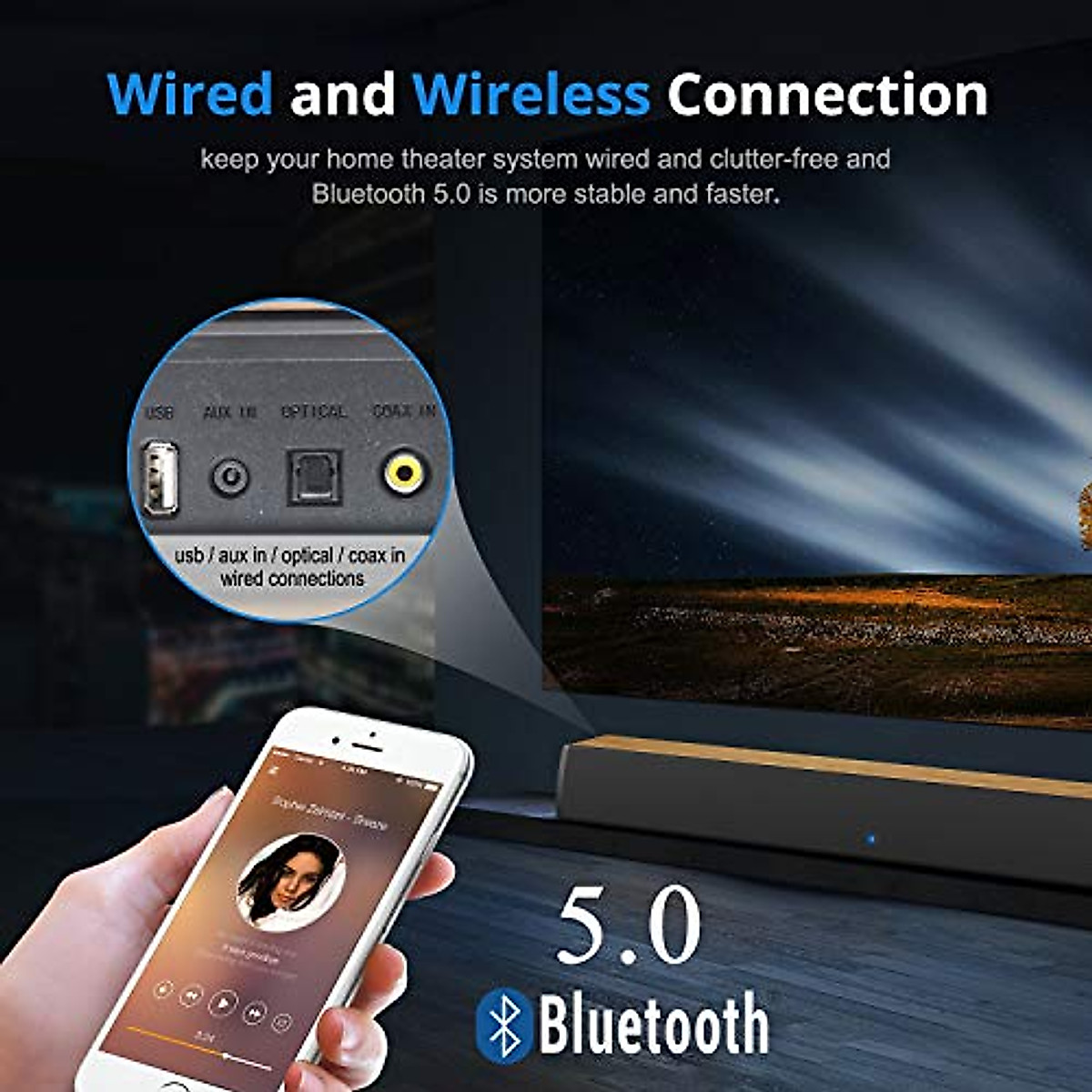 Sound Bar, BESTISAN 60 Watt Sound Bars for TV with Unique Oak Finish Design, 3 Equalizer Modes, Optical/Coax/AUX/USB Driver Connection, Bluetooth 5.0, Bass Adjustable, Deep Bass, 2022 Upgrade Version