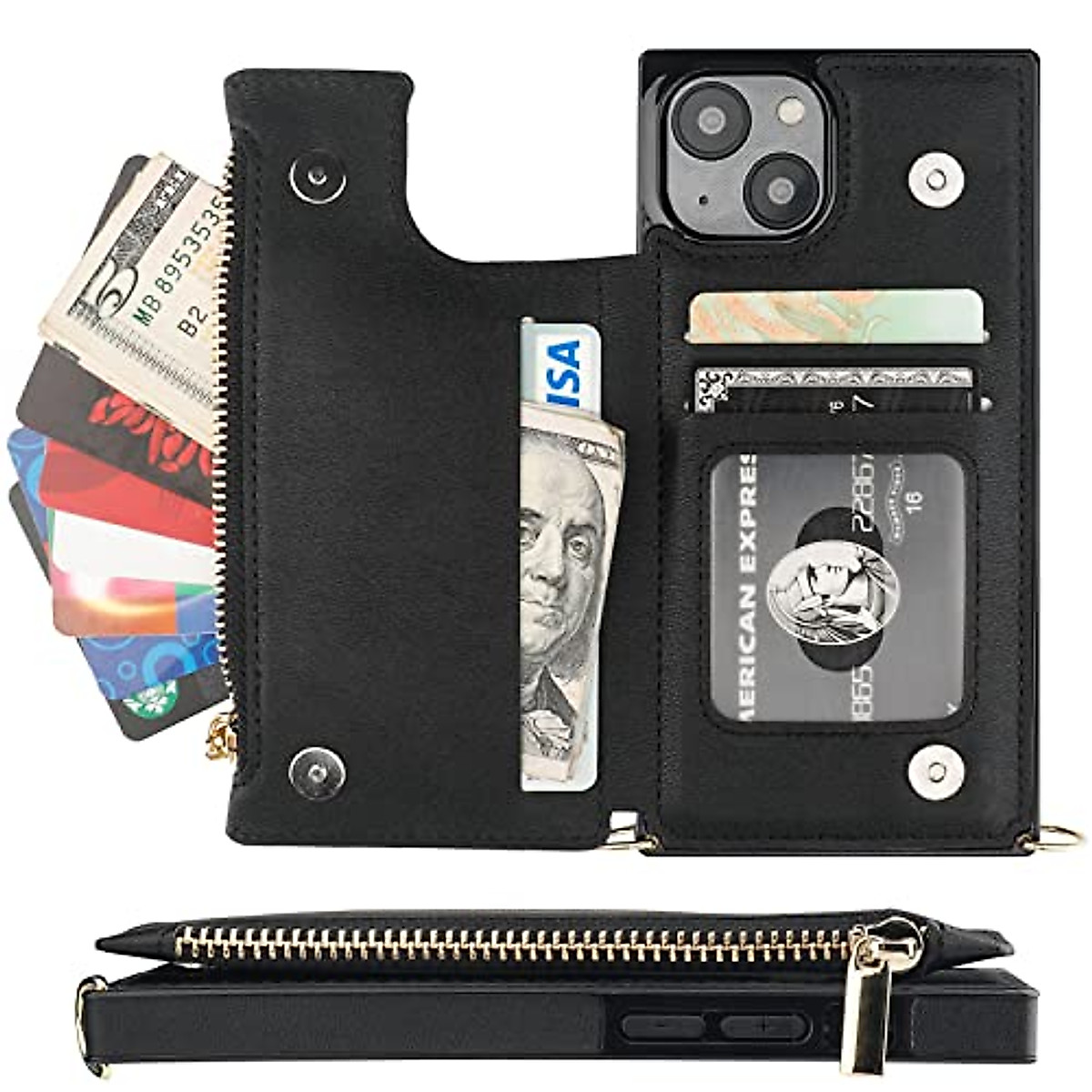Bocasal Crossbody Wallet Case for iPhone 14 with RFID Blocking Card Slot Holder, Magnetic Flip Folio Purse Case, PU Leather Zipper Handbag with Detachable Lanyard Strap 6.1 Inch 5G (Black)