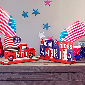 4 Pieces Patriotic Table Decoration 4th of July Wooden Table Centerpiece Independence Day Wood Letter Sign Home of Free God Bless America Table Decoration for Patriotic Party Memorial Day Home Decor