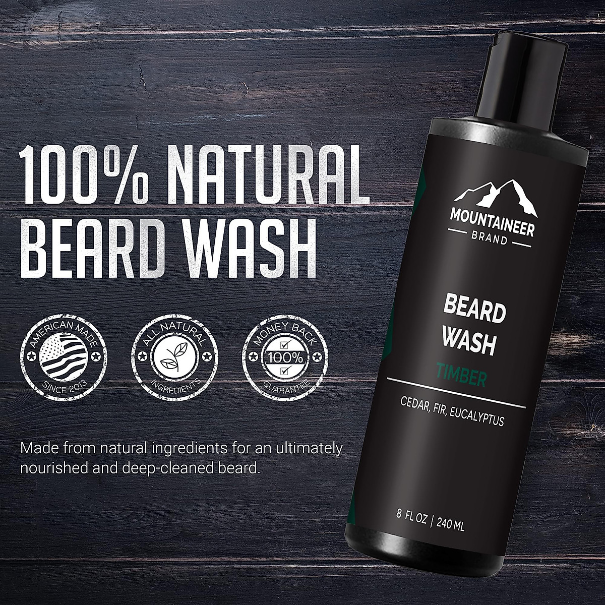 Mountaineer Brand Beard Wash For Men | 100% Natural Beard Shampoo | Thick Cleaning Softening Lather for Hair and Skin | Hydrate and Detangle | Grooming Treatment | Timber Scent 8oz
