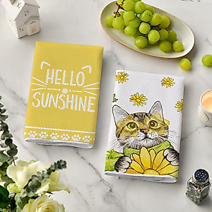 Artoid Mode Yellow Flowers Cat Hello Sunshine Kitchen Towels Dish Towels, 18x26 Inch Spring Summer Holiday Decoration Hand Towels Set of 2
