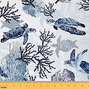 Feelyou Sea Turtle Fabric by The Yard,Ocean Reptile Tortoise Upholstery Fabric for Chairs,Coastal Castle Nautical Beach Navy Blue Decorative Waterproof Outdoor Fabric, 1 Yard,