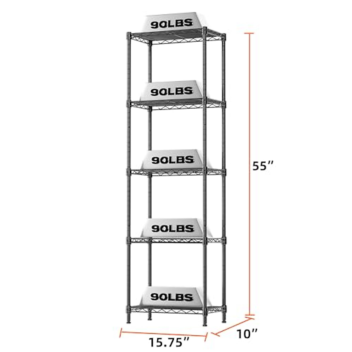 SINGAYE 5 Tier Shelf Wire Shelving Adjustable Storage Shelves Storage Rack,Standing Storage Shelf Units for Kitchen Closet Laundry Bathroom Pantry,Narrow Mesh Gaps,16”W x 10”D x 55”H,Black