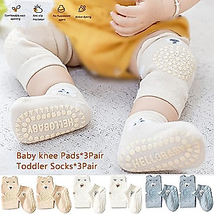 ISANPAN Unisex Baby Crawling Knee Pads and Socks Set, Baby knee Pads (3Pair) Toddler Socks with Grippers (3Pair) Handy to Protect Knees and Prevent Baby Slipping(6-12Months)