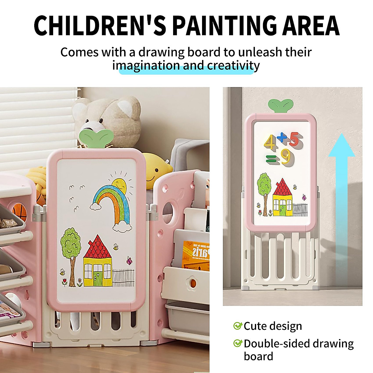 UNICOO Kids Multifunctional Toy Storage Organizer with 3-Tier Bookshelf, Storage Rack & Drawing Board, Flexible & Versatile L Shaped Organizer for Nursery, Playroom, Study Room (Pink)