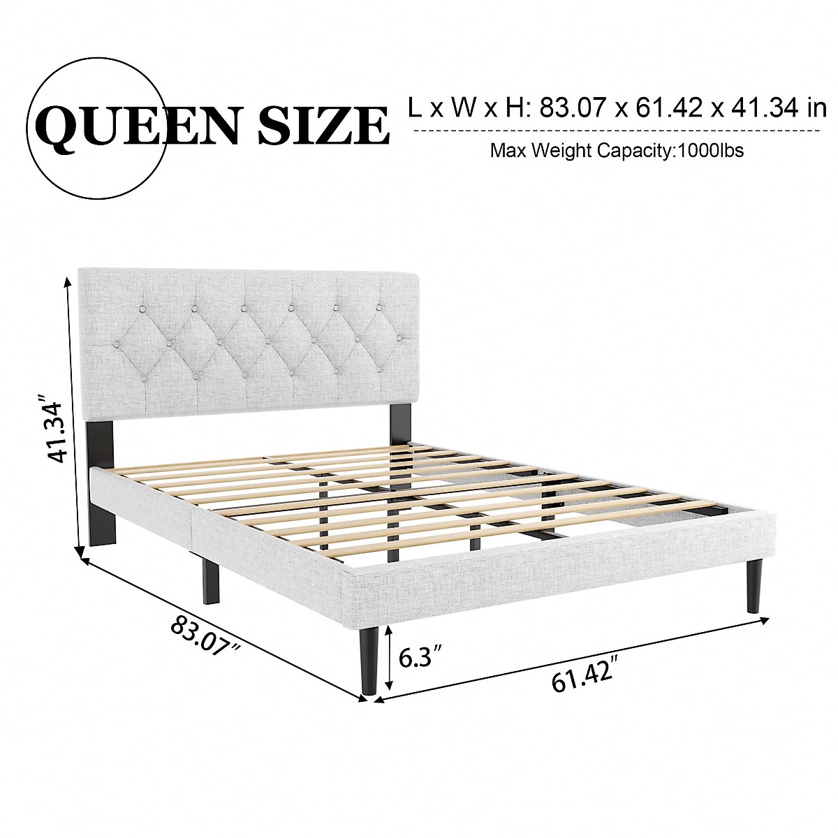 HAOARA Queen Size Platform Bed Frame with Upholstered Button Tufted Headboard, Mattress Foundation with Wooden Slat Support, Noise Free, No Box Spring Needed, Easy Assembly, Light Grey