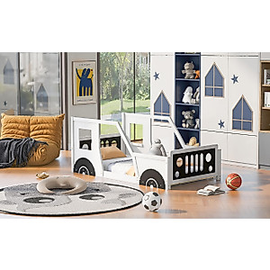 Jigichu Twin Size Classic Car-Shaped Platform Bed with Wheels for Boys Car Bed Frames for Kids 77.4''L*41.7''W*32''H (White, Twin)