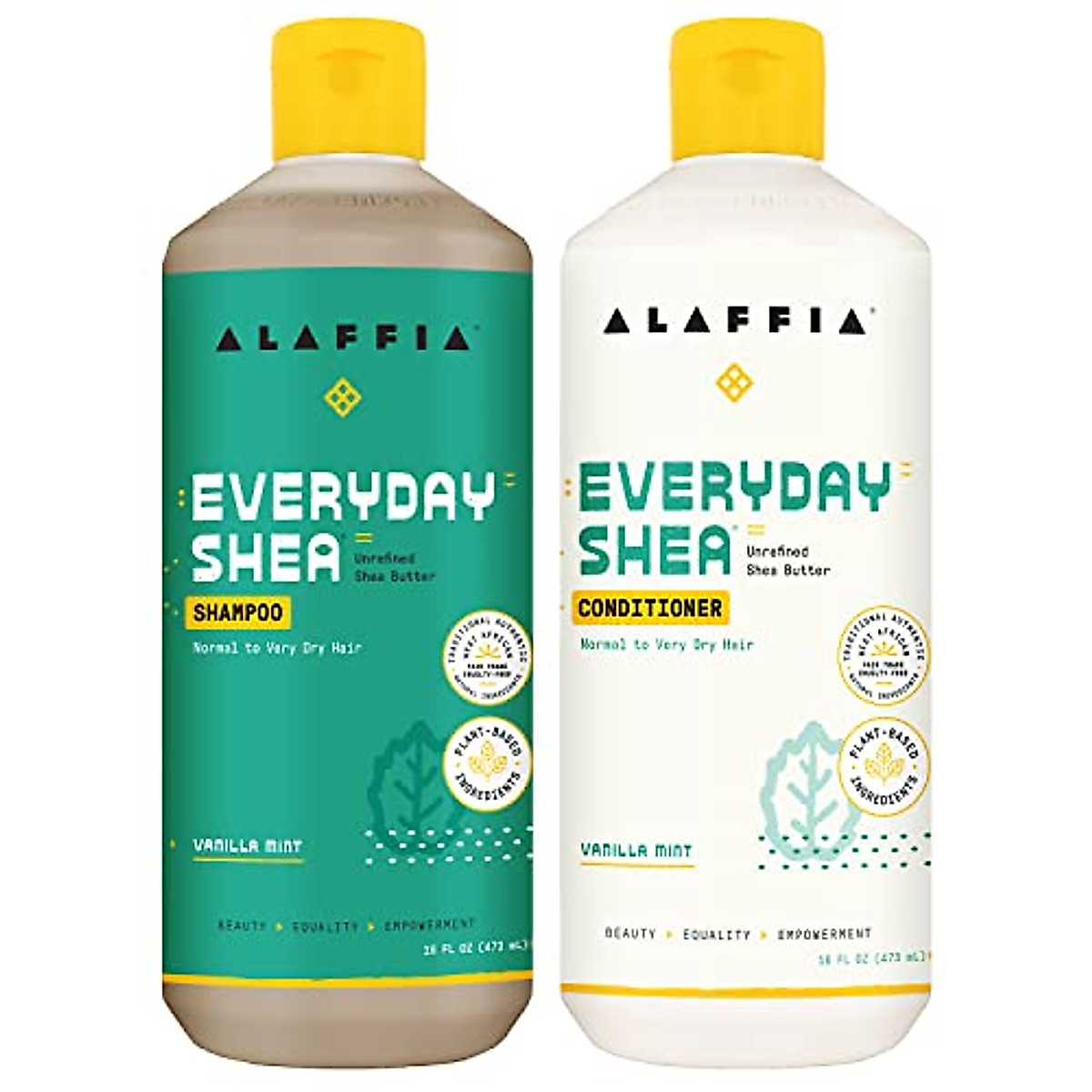 Alaffia EveryDay Shea Shampoo and Conditioner - For Normal to Very Dry Hair, Gently Cleanses, Moisturizes, Restores & Protects with Fair Trade Shea Butter, Vegan, No Parabens, Vanilla Mint, 16 Fl Oz Each