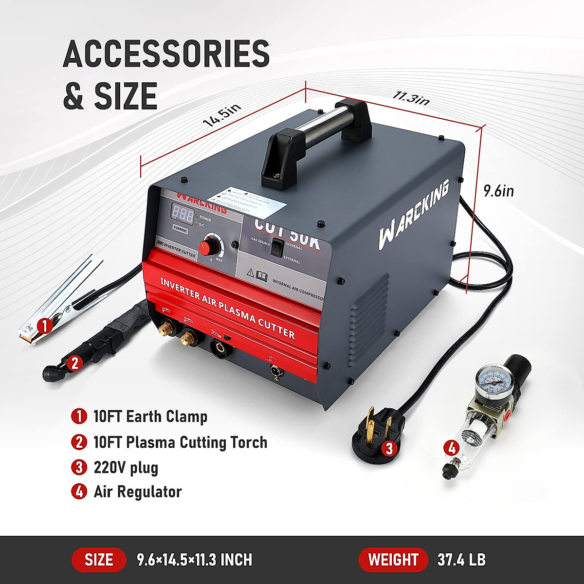 WARCKING 45A Plasma Cutter,With Built-in Air Compressor Touch Pilot Arc Plasma Cutter Machine, 0.3" Clean Cut, 220V Digital Display IGBT DC Inverter Plasma Cutting Equipment