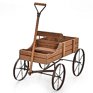 Giantex Decorative Garden Planter, Small Wagon Cart with Metal Wheels, Wood Raised Beds Plant Pot Stand for Backyard Garden Patio 24.5"x13.5"x24" (Natural)