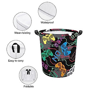 HoaMoya Collapsible Colorful Joysticks Gamepad Laundry Basket Cool Gamer Slogan Freestanding Laundry Hamper With Handles Large Waterproof Cloth Toy Storage Bin for Household Bedroom Bathroom