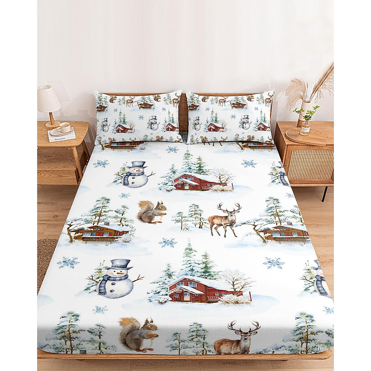 Rusic Christmas Fitted Sheets Elastic Deep Pocket 3 Pieces Bedding Set Full Size,Farmhouse Snowman Wooden Barn Reindeer Soft Brushed Bed Sheets,Winter Snow Scene Bottom Sheet