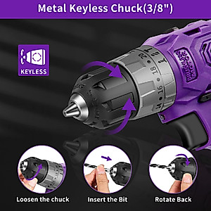 Brushless Cordless Drill Set, 20V Compact Power Drill Driver, Purple Brushless Electric Drill Motor, 20+3 Torque Setting, 48 N.m, 2 Variable Speed, 23pcs Drill/Driver Bits, with Tool Box