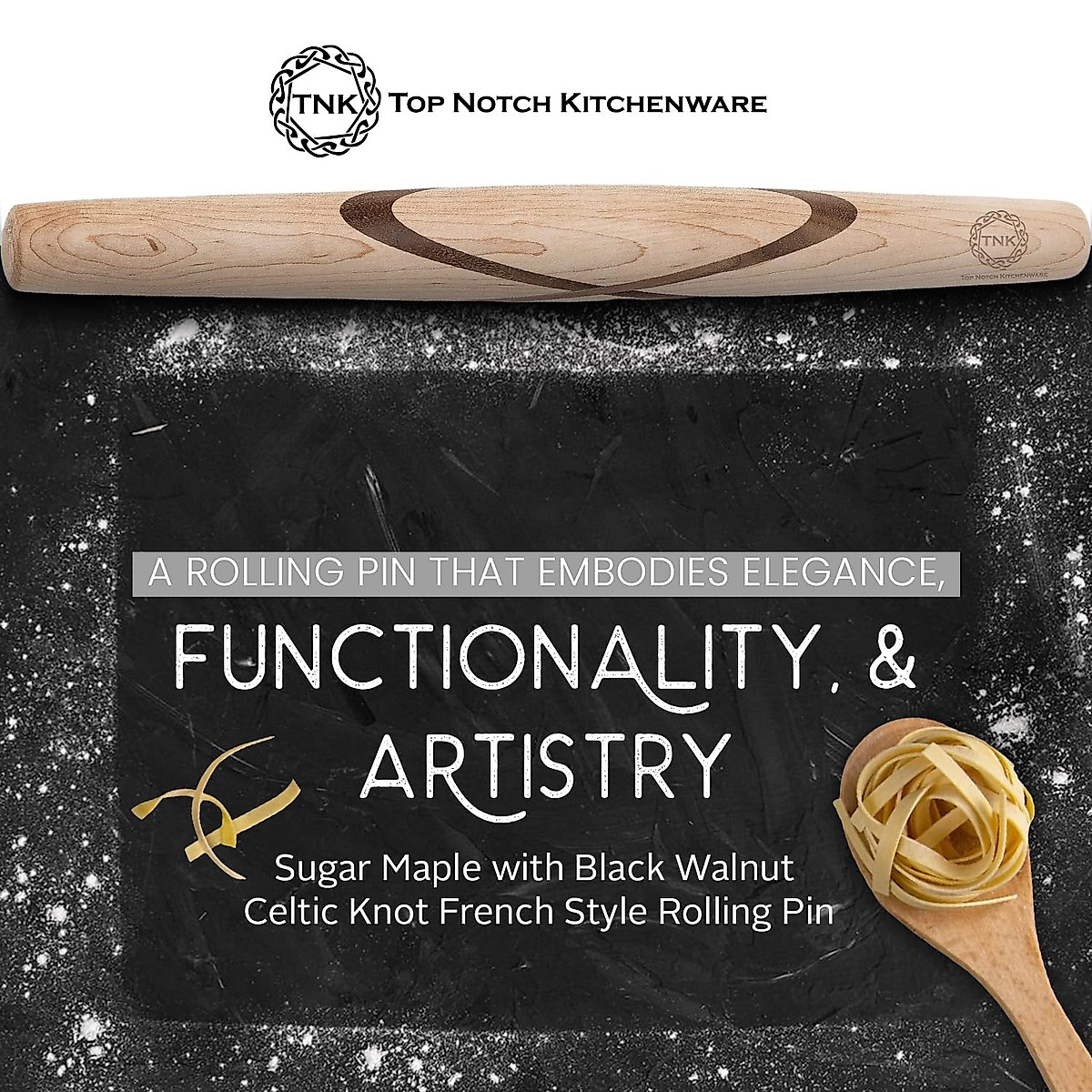 Sugar Maple with Black Walnut Celtic Knot French Style Rolling Pin: Tapered Solid Wood Design. Hand Crafted in the USA