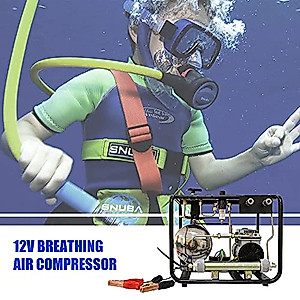 HPDAVV 12V 550W Air Compressor for Snorkeling Hookah Diving Compressor 8bar / 115psi with 50ft Hose & Respirator,Two Air Outlets,US After-Sales Service,Operational Video (A:Black)