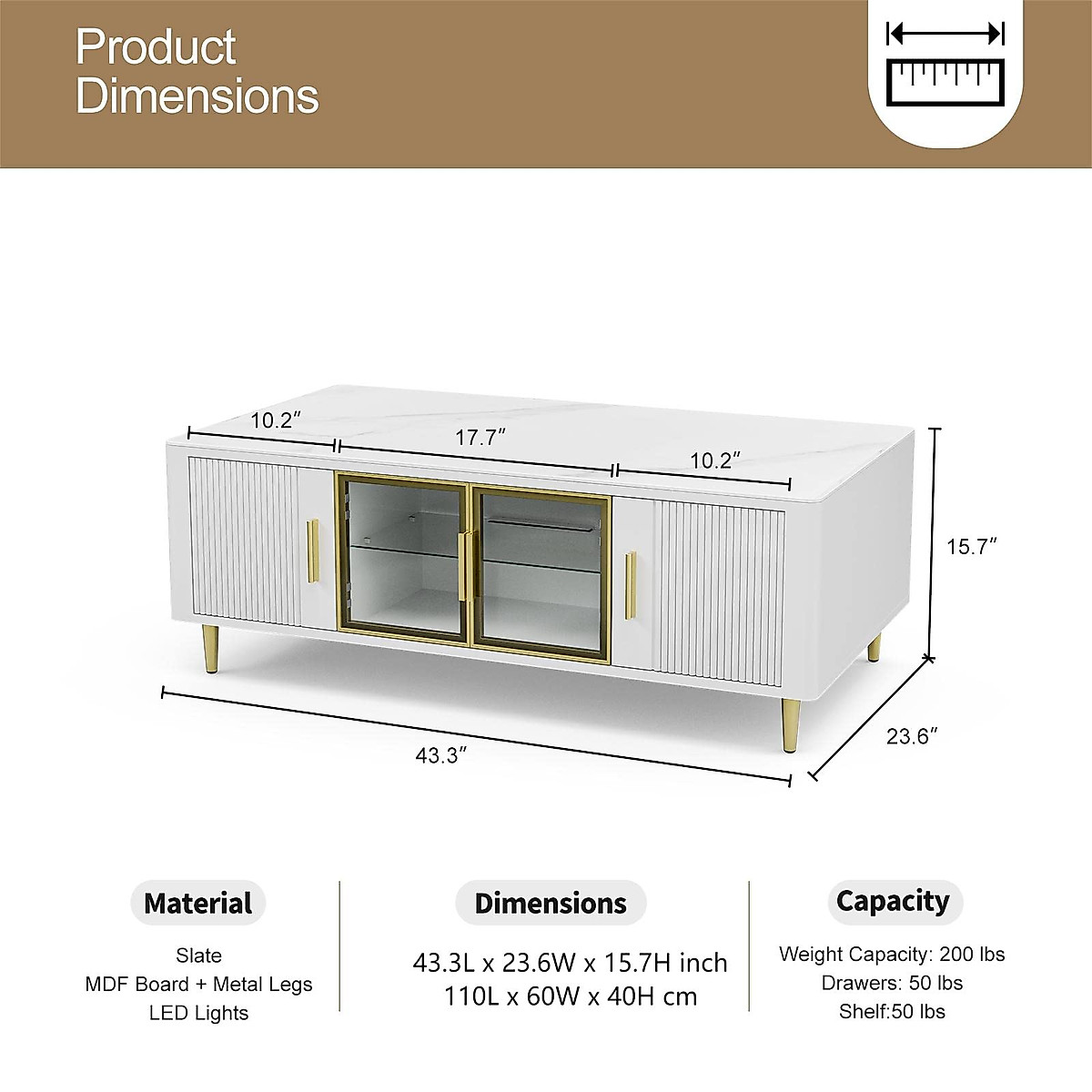IKIFLY Modern Slate Coffee Table with 16 Colors LED Lights and Glass Doors, Durable Rectangle Design End Table for Living Room Bedroom