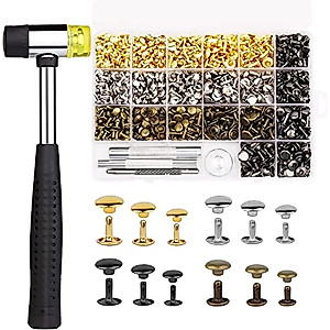 TLKKUE 480 Sets Leather Rivets Kit 4 Colors Double Cap Rivets 3 Sizes Rivets for Leather with Rubber Hammer Fixing Tool Kit 4 Pieces for DIY Leather Craft Clothes Shoes Decoration and Repair