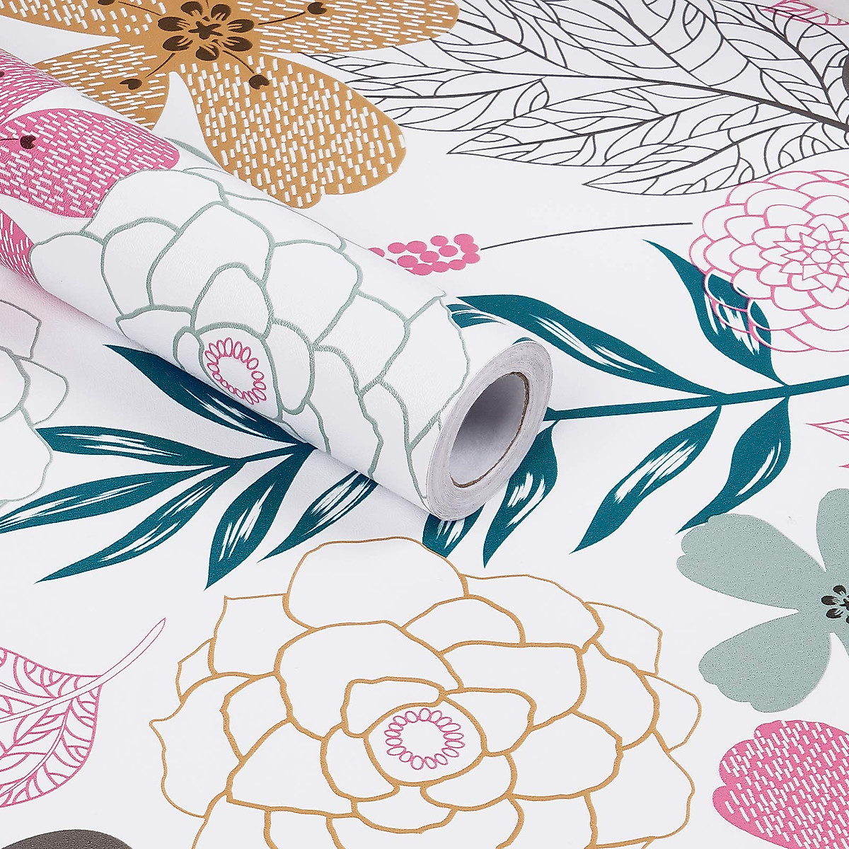 Mecpar Floral Wallpaper 17.71'' x 118'' Perennial Blooms Peel and Stick Vinyl Self Adhesive Removable Waterproof Wallpaper for Bathroom Cabinet Prepasted Decorative