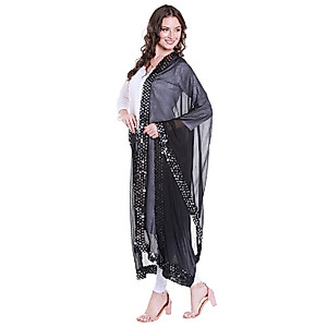 DUPATTA BAZAAR Women's Black Chiffon Dupatta with Mirror work lace.