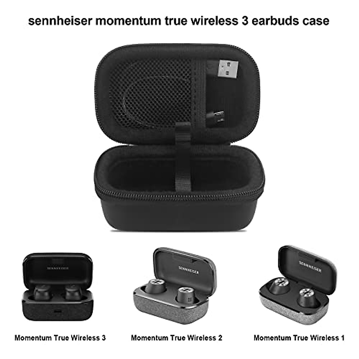 Elonbo Hard Carrying Case for Sennheiser Momentum True Wireless 3/2 / 1 Bluetooth in-Ear Headphones Consumer Audio Noise Cancellation Earbuds, Extra Interior Mesh Pocket Fits Charging Cables, Black