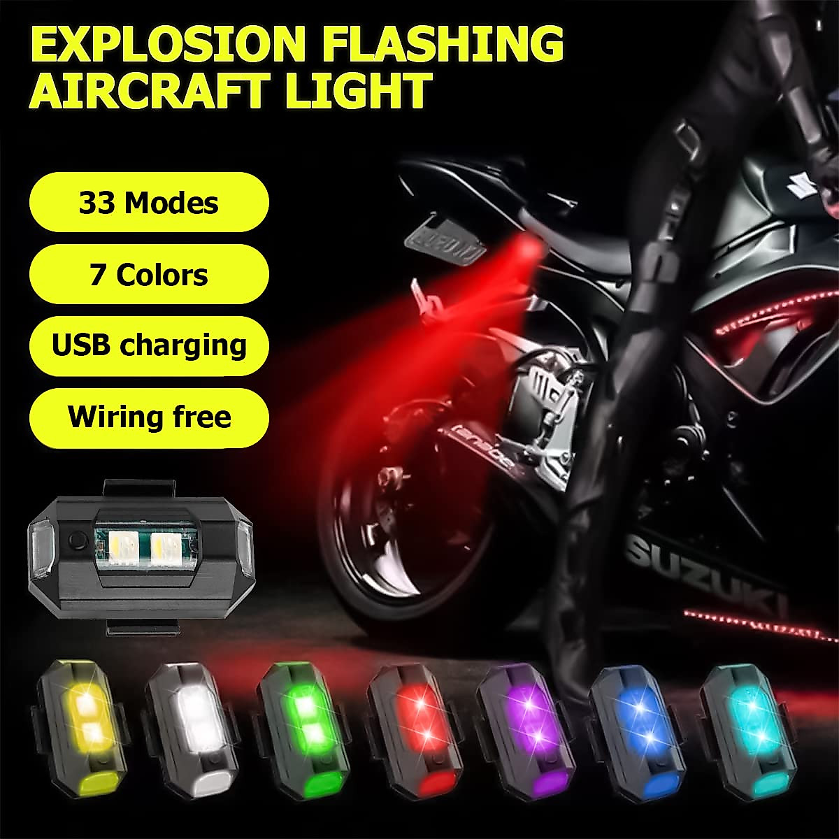 AICEL 2Pcs Mini LED Strobe Lights, Upgrade 7 Colors Led Aircraft Strobe Lights, USB Charging Magnetic Lights, Night Signal Emergency Warning Light for Car Motorcycle Bike Drone