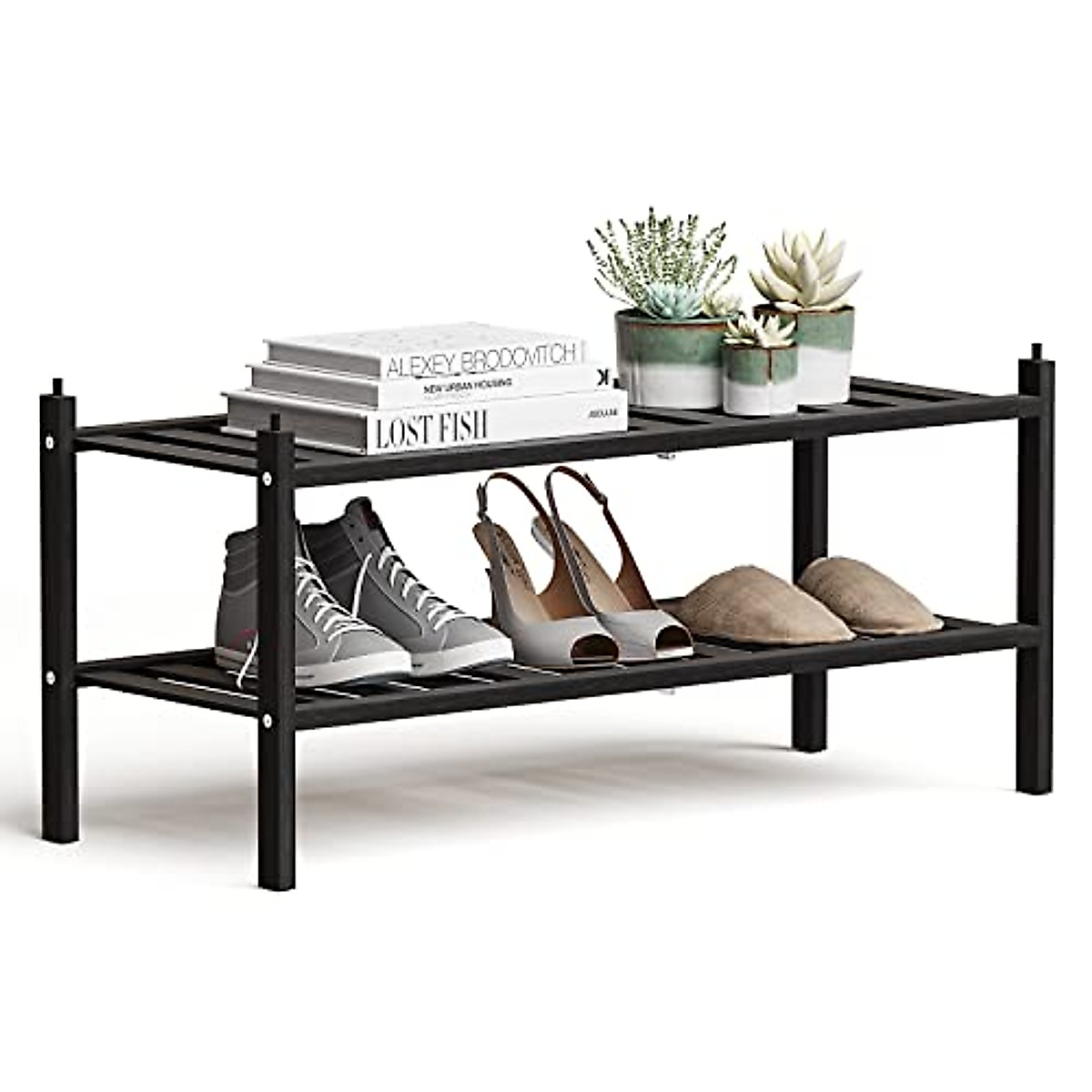 Dranixly 2 Tier Shoe Rack, Bamboo Stackable Shoe Shelf Storage Organizer for Entryway, Hallway, Closet and Living Room (Black)