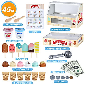 Wooden Ice Cream Toys Kids Play Store Pretend Toy for Toddlers, Play Kitchen Accessories with Scoop & Menu & Fake Money, Ideal Ice Cream Play Set Gifts for 3 4 5 6 7 8 Year Old Girls Boys