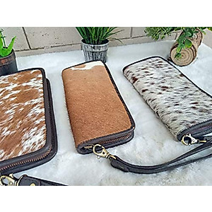 Womens Zipper Wristlet Clutch - Brown Cow Hide Cow Skin Leather Hand Clutch Zip Phone Wallet Clutch Card Case 8' X 4' - Gift for her