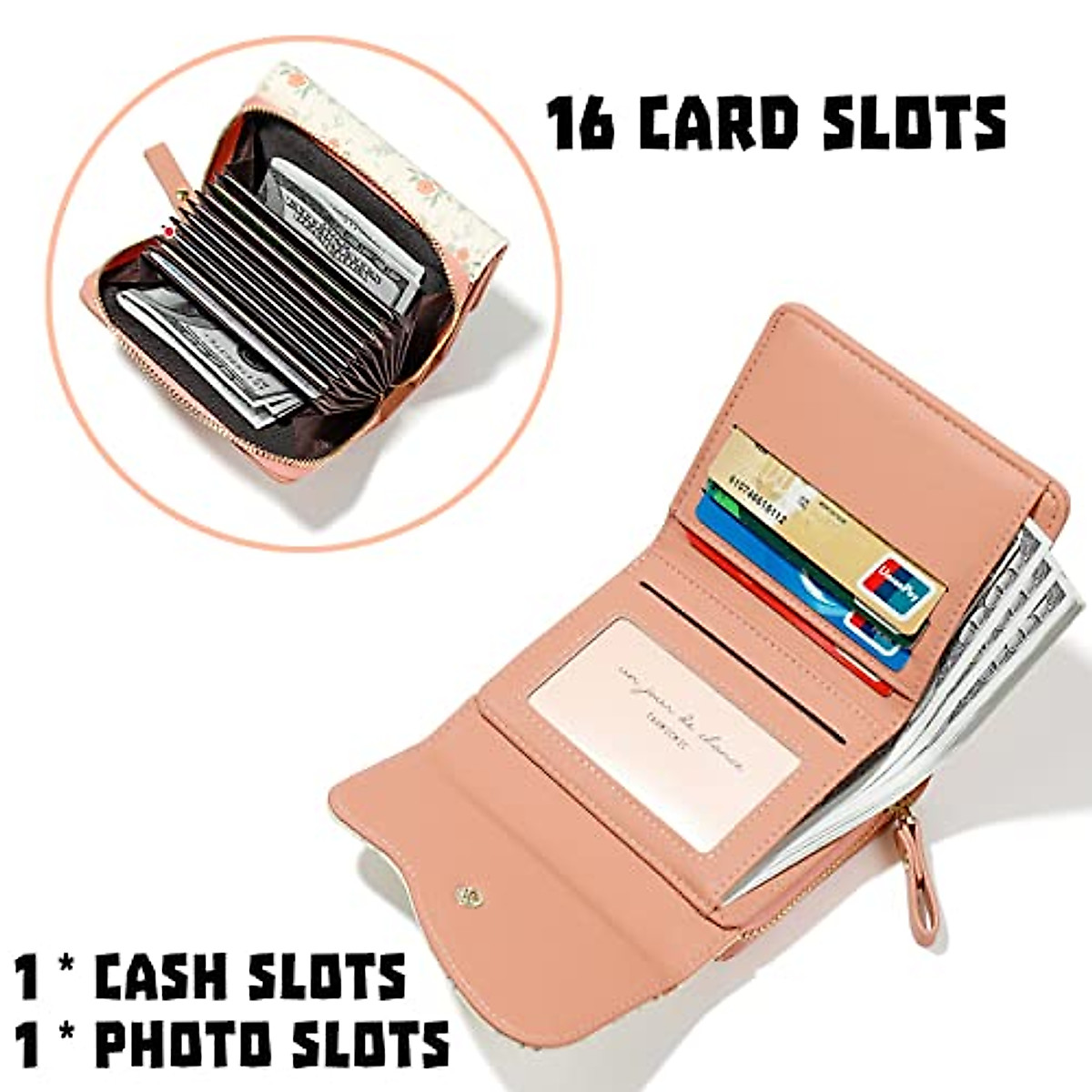 TAIINE Women's Vegan Leather Wallet Tri-fold Cute Flower Girl's Wallets Purse with RFID Blocking Protection Credit Card Holder Zipper Clutch (PINK)