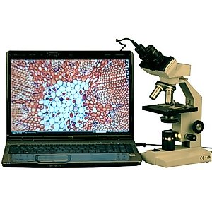 AmScope B100-E 1000X Digital Compound Binocular Microscope, 40X-1000X Magnification, Brightfield, Tungsten Illumination, Abbe Condenser, Plain Stage, Includes 0.3MP Camera and Software
