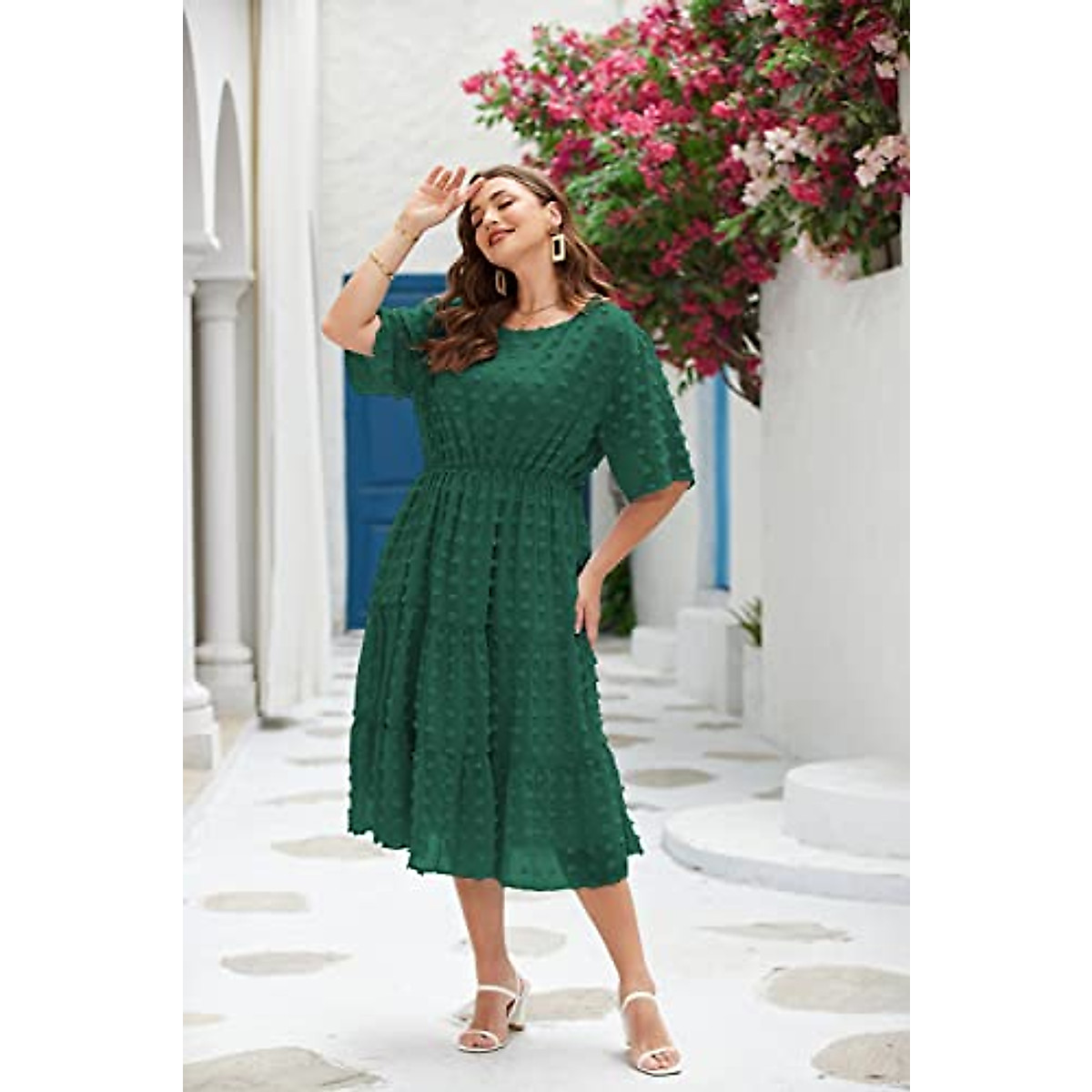 IN'VOLAND Womens Chiffon Elegant Plus Size Dresses Swiss Dot Babydoll Short Sleeve Party Midi Dress Dark Green