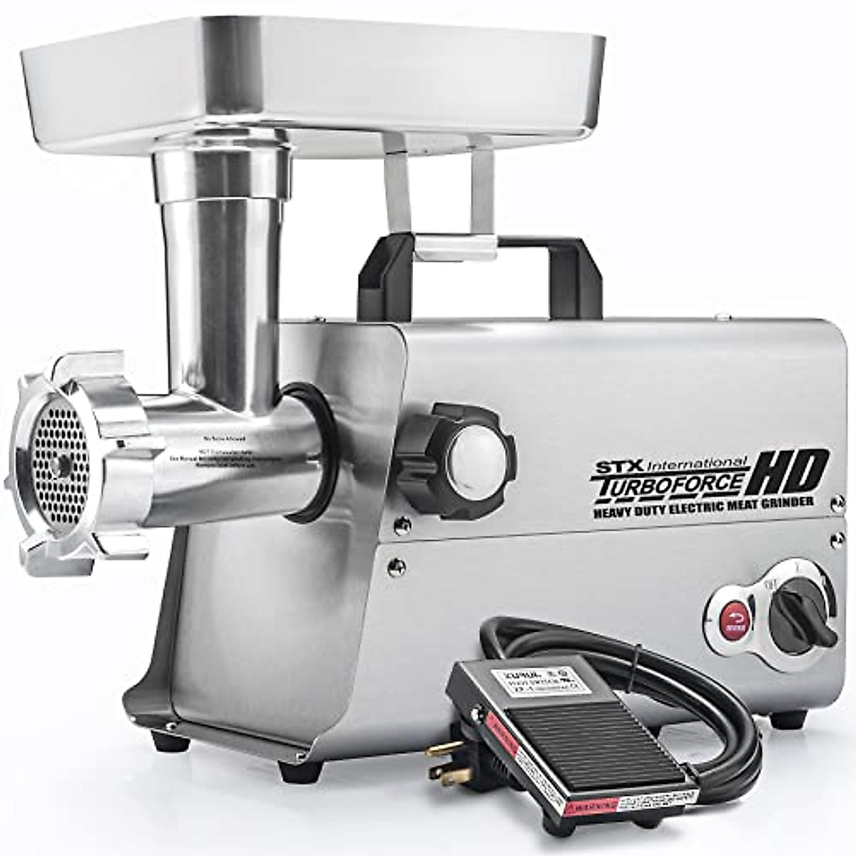 STX International Turboforce 3500-TFHD Heavy Duty Electric Meat Grinder w/Foot Pedal • 4 Grinding Plates • 3 S/S Blades • Sausage Stuffer • Kubbe • 3 Lb. Meat Tray, • 2 Meat Claws & Burger Press