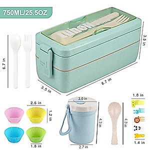 NatraProw Bento Box Adult Lunch Box with Bag, 2 layer Leakproof Lunch Box with Containers Included, BPA Free, Wheat Straw, BPA Free, Microwave Safe, Green