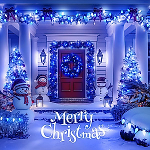 Brightown C9 LED Christmas String Lights, 33ft 50 LED Waterproof Strawberry String Lights, Extendable Green Wire Lights String for Outdoor Indoor Patio Party Decoration, Blue and White