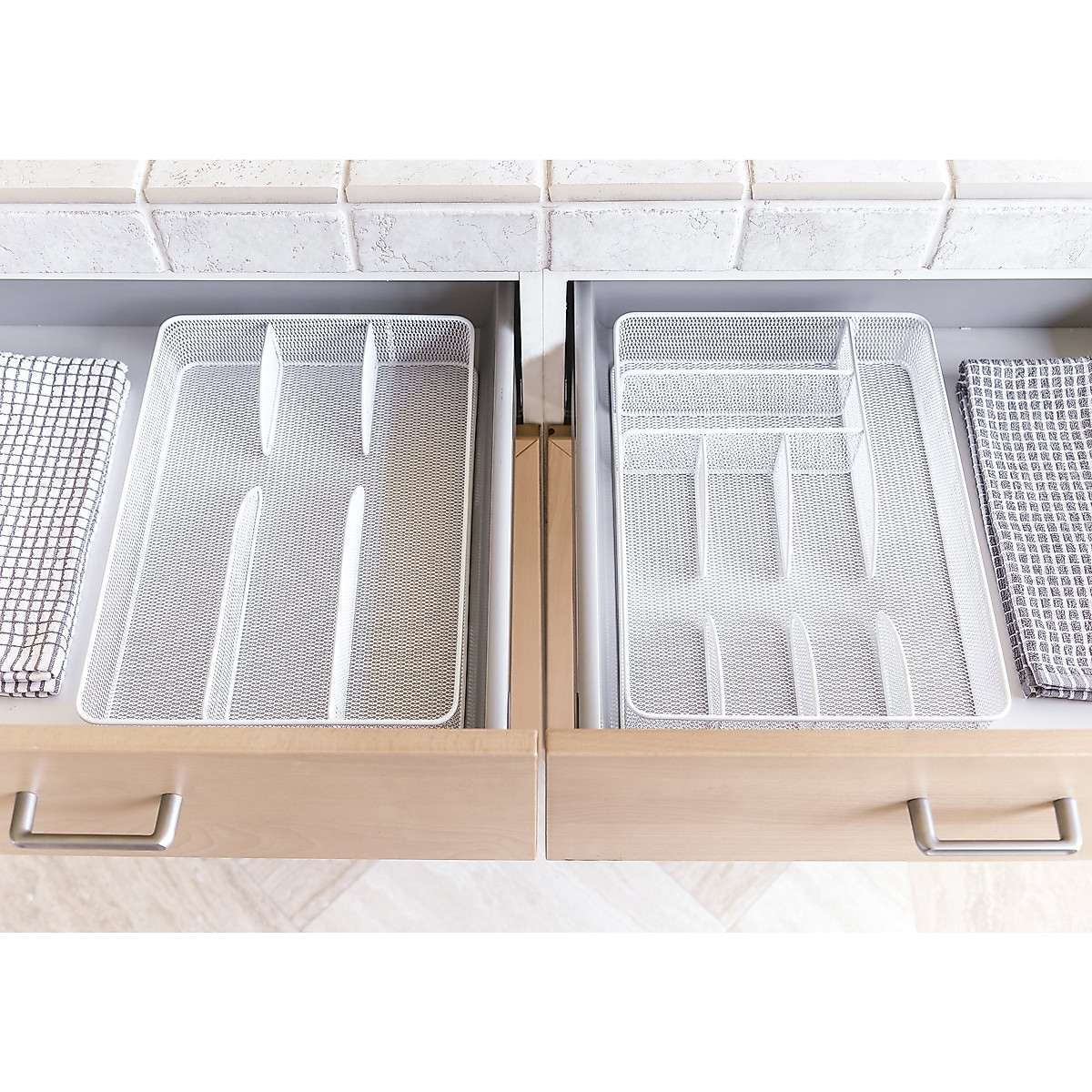 Seville Classics Large Steel Mesh Flatware Utensil Cutlery Desk Drawer Tray Organizer Set, White