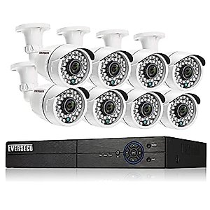 Eversecu 8 Channel Wired Security Camera System 1080P Lite DVR and (8) 2.0MP 1080P Weatherproof Cameras Support Night Vison Weatherproof, Motion Alert, Smartphone, PC Easy Remote Access