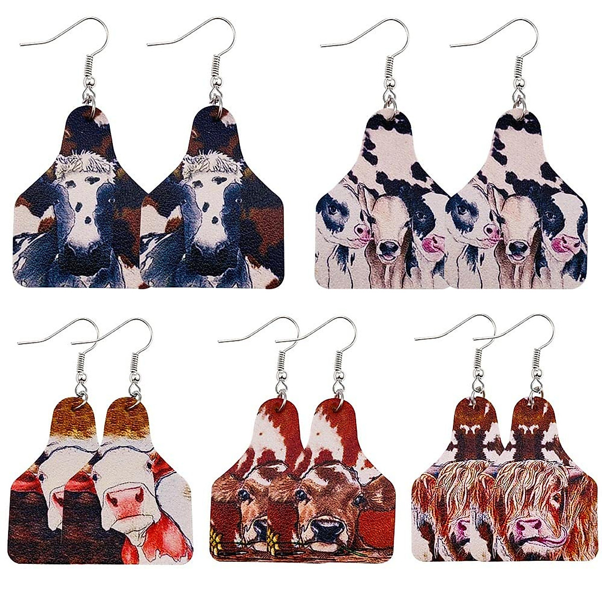 Pingyongchang 5 Pairs Cow Print PU Leather Vintage Earrings for Women Wild West Cowboy Texas Style Women Earrings Jewelry