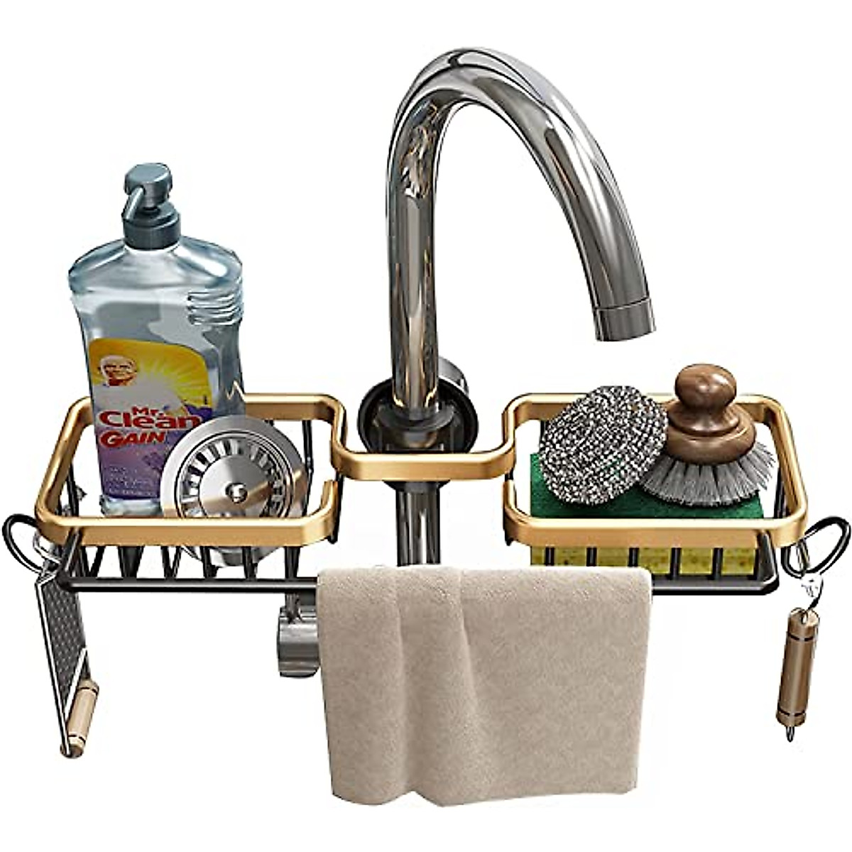 Gloserin Sponge Holder for Kitchen Sink,Adjustable Detachable Sponge Holder Over Faucet,Faucet Rack for Kitchen,Sink Caddy Sponge Holder,Kitchen Sink Organizer(Double with Dishcloth Rack, Gold)