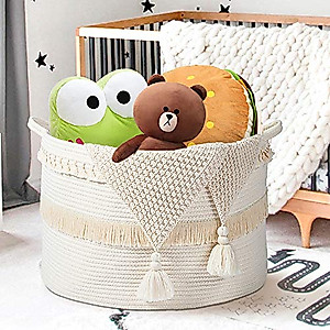 ANTJUMPER Cotton Rope Basket Hamper, Macrame Tassel Storage Basket with Handle Rope Woven Nursery Hamper Storage Bin for Clothes Blankets Pillow and Toys (20"x20"x14")