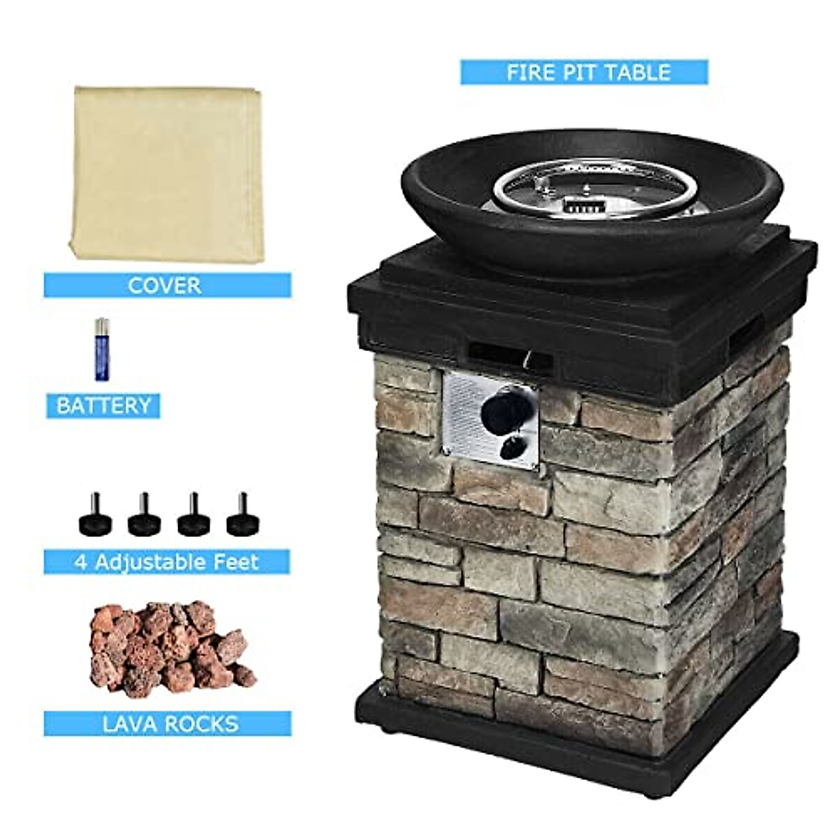 Giantex Propane Firebowl Column, 40,000 BTU Outdoor Gas Fire Pit, Compact Ledgestone Firepit Table with Lava Rocks and Rain Cover