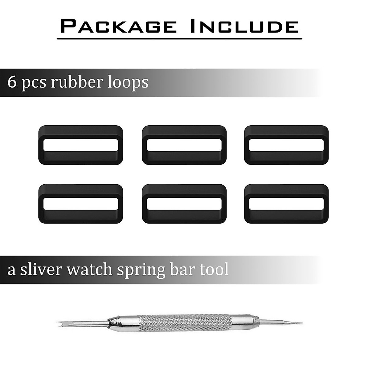 Adebena 6Pieces Rubber Watch Band Strap Loops Black Clear Replacement Resin Holder Retainer 18mm 20mm 22mm with Spring Bar Tools (16mm, Black)